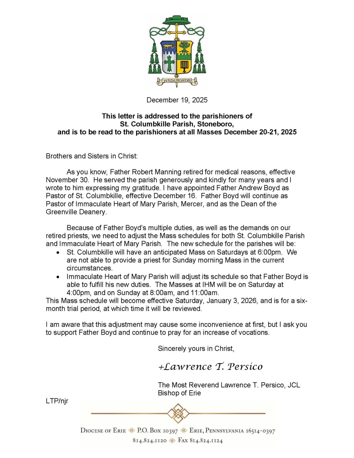 A Letter to the Parishioners of St. Columbkille Parish in Stoneboro, PA ...